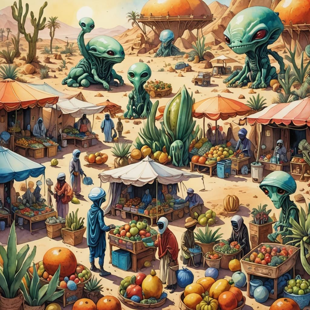 An alien marketplace in a desert, with strange creatures selling ...