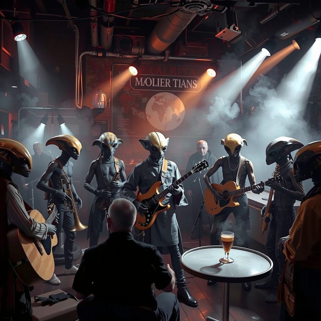 Alien Cantina Musicians Perform in Smoky Bar - AI Art