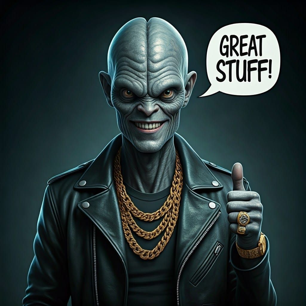 Mischief-Prone Alien in Leather Jacket Gives Thumb... - AI Art