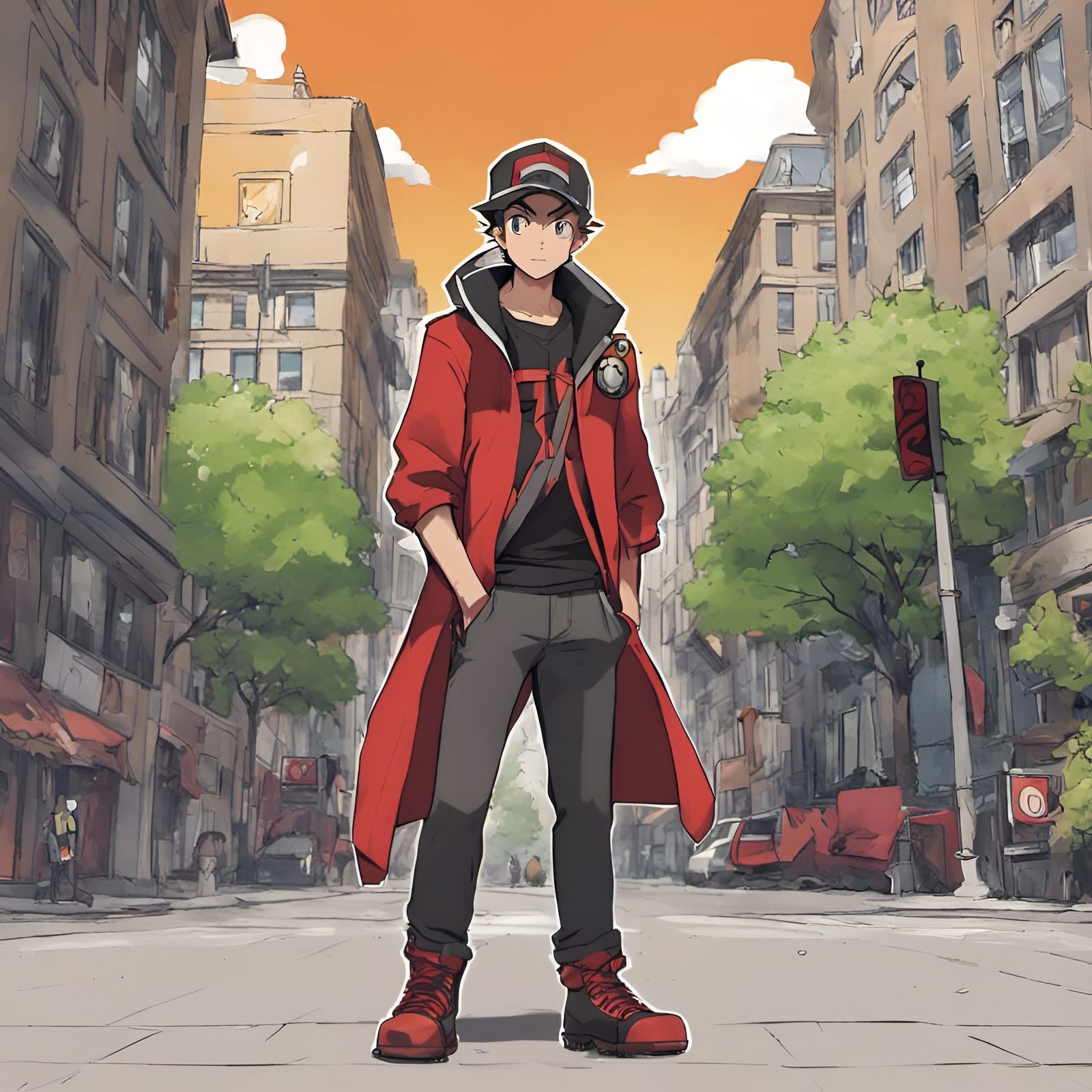 "Visualize a male Pokémon trainer, around his mid-20s, standing tall in ...