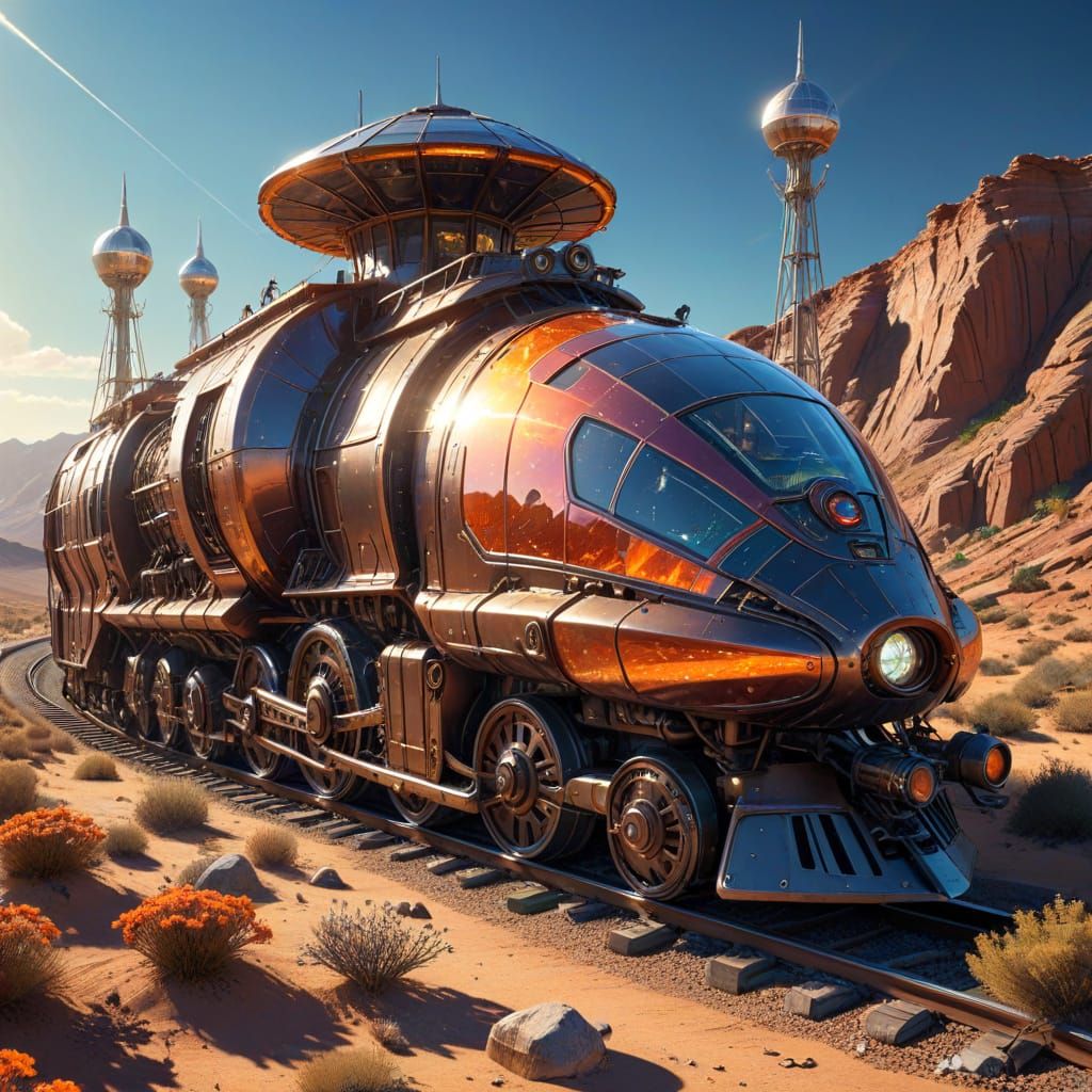 Alien Steampunk Sandworm Train in Sci-Fi Desert - AI Art