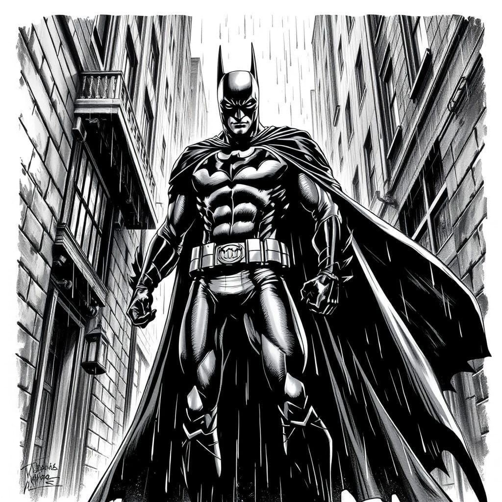 Black and white of Batman - Gritty Gotham City Batman in Bla...