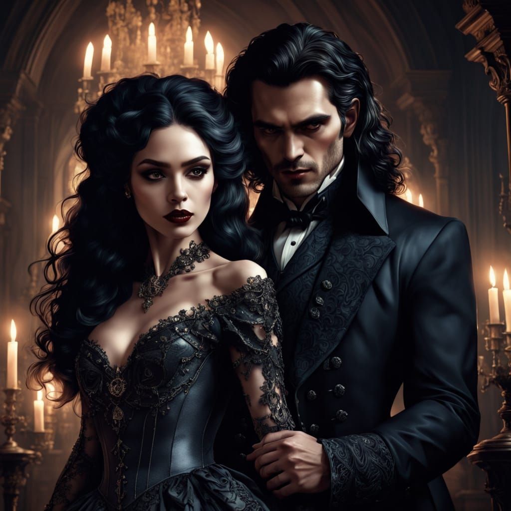 Ethereal Vampire Couple Basks in Candlelight - AI Art