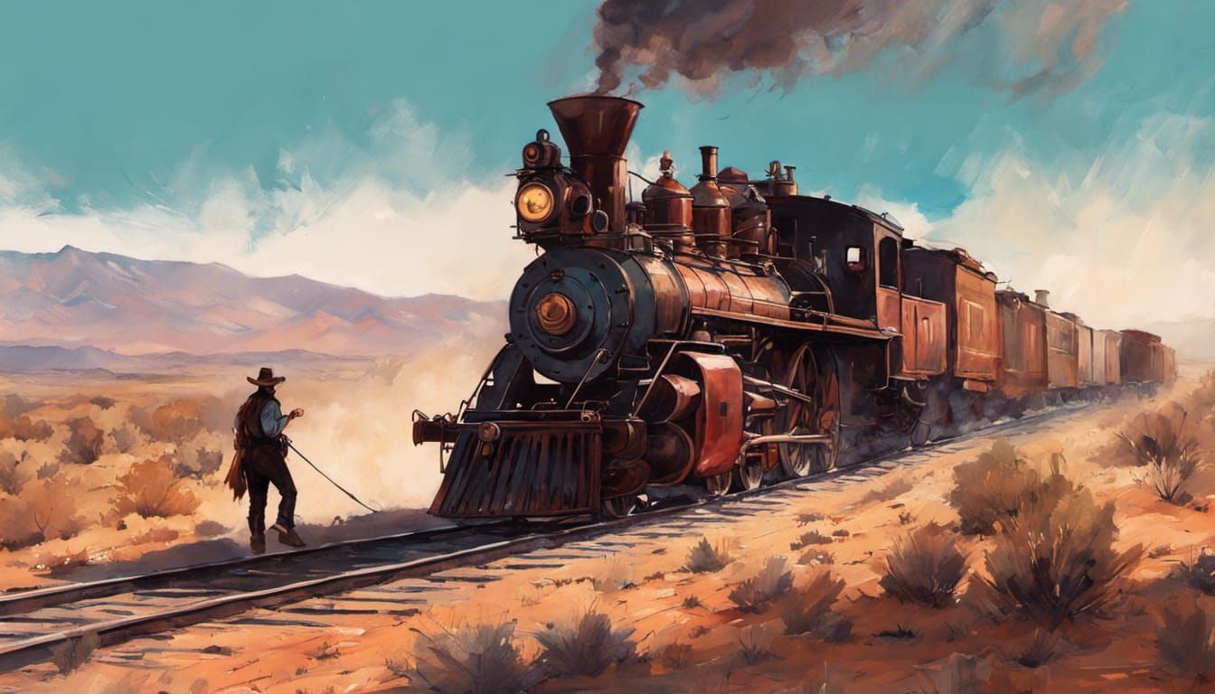 cowboy on horseback racing a steam engine train near outskirts of ...