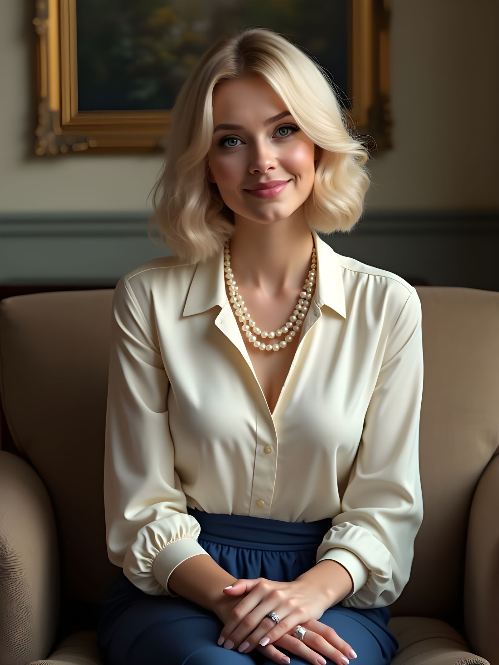 Present Sylvia as a full height sitting portraiture of Sylvia hair full ...