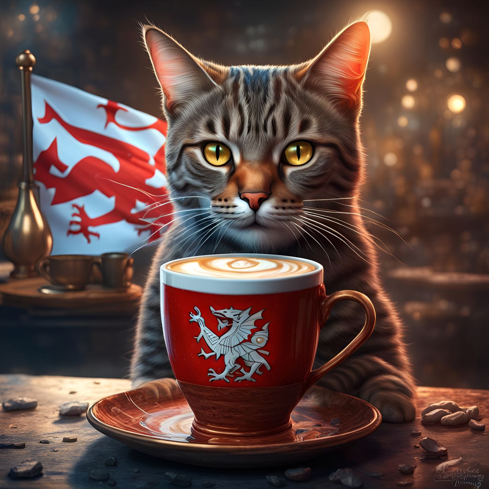 a tabby cat representing Wales with a Welsh flag and a latte cup 8k ...