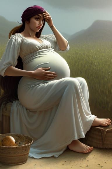 full-body Portrait of attractive barefoot peasant woman wearing hairnet ...