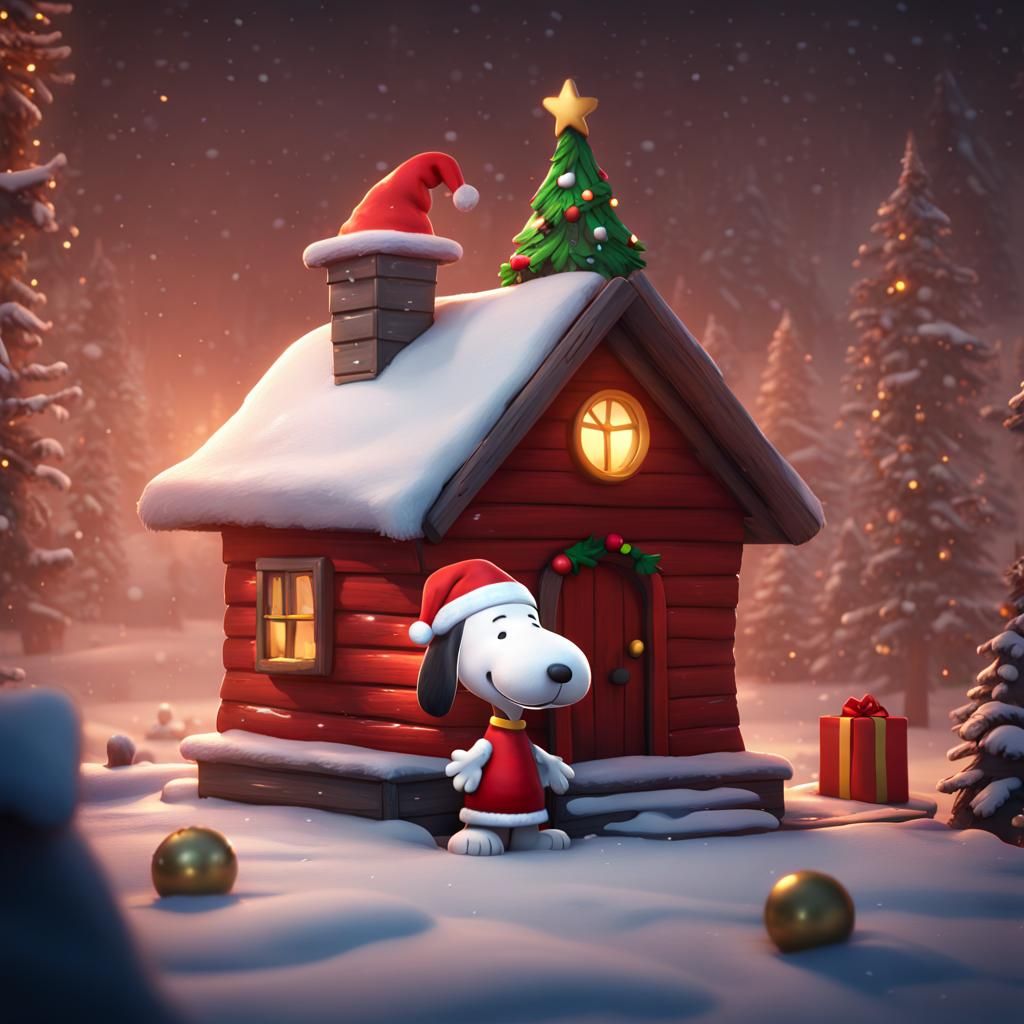 Christmas Snoopy, cute, snowing, red dog house,Woodstock, wearing a ...