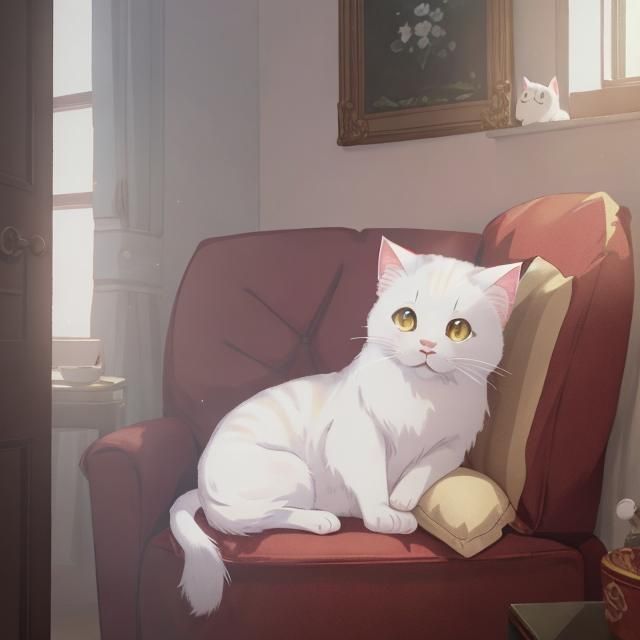 white cat sitting on a armchair - AI Generated Artwork - NightCafe Creator