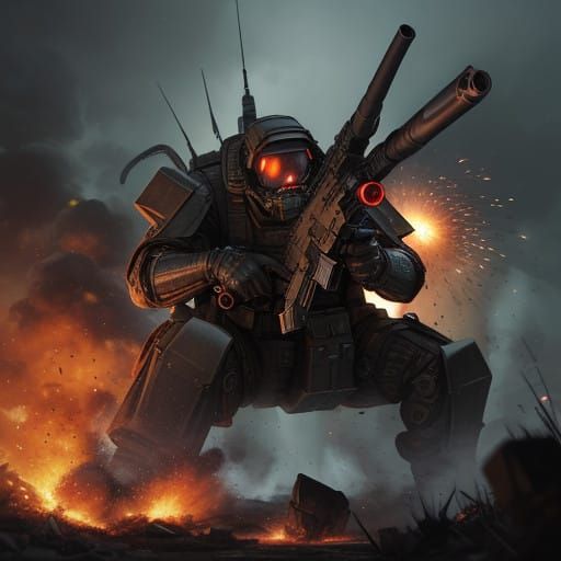 Combat Soldier Fires Quad M134 Minigun in Industri... - AI Art