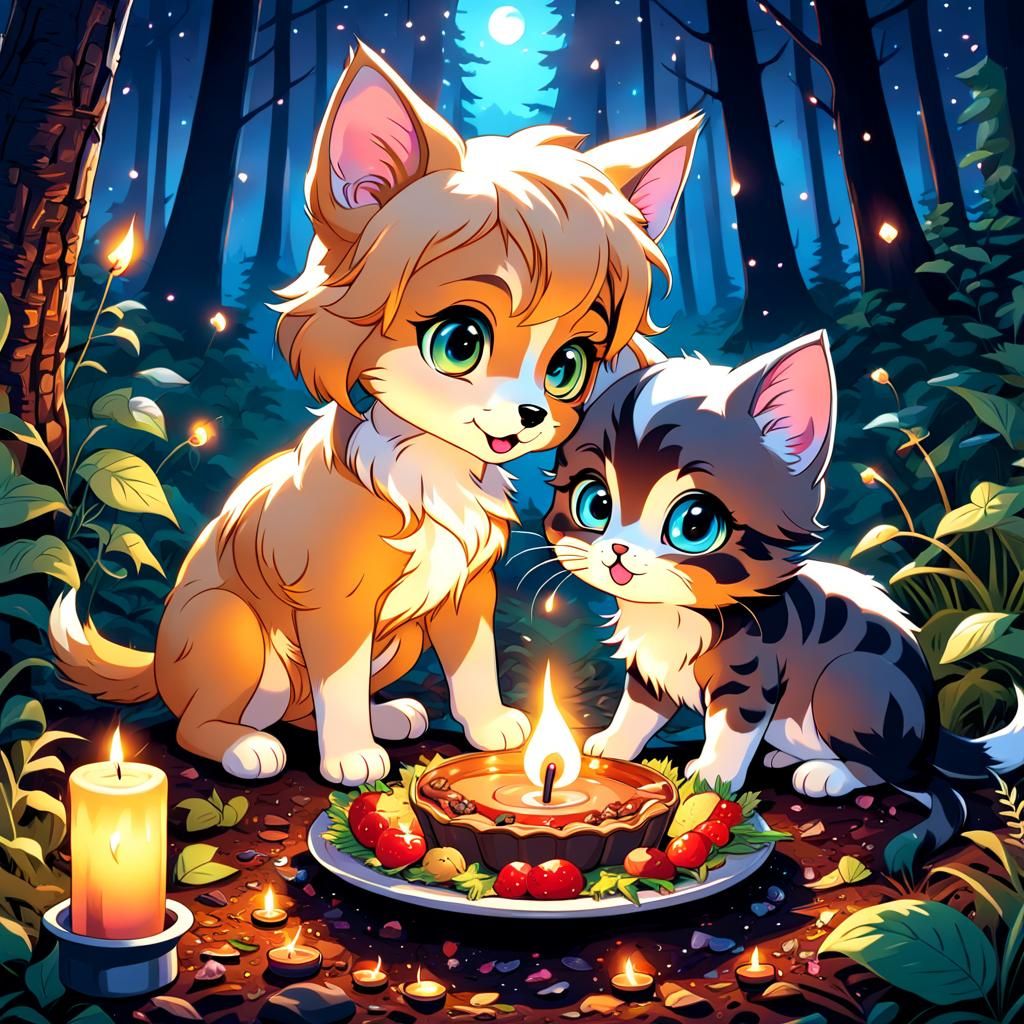 A puppy and kitten couple eating a romantic, candlelit dinner on the ...