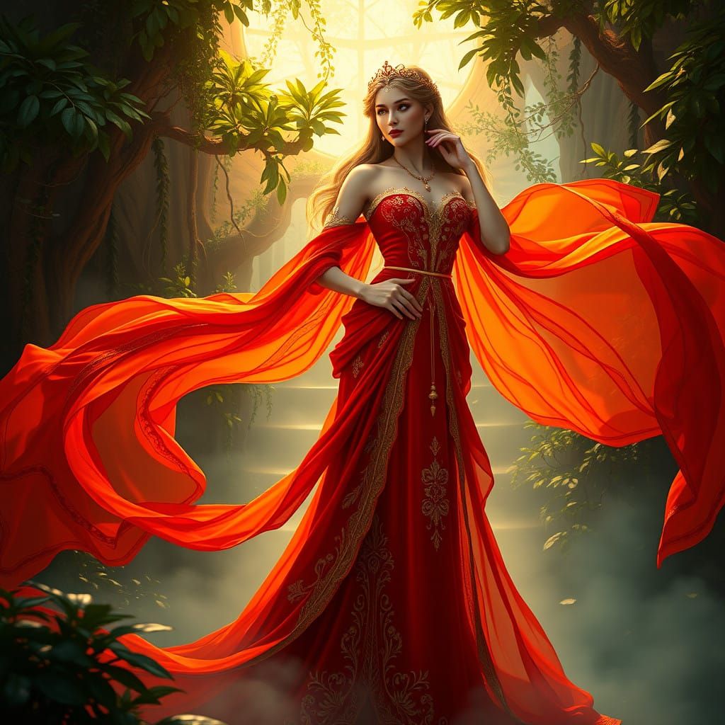 Elegant Lady in Red Oil Painting - AI Art