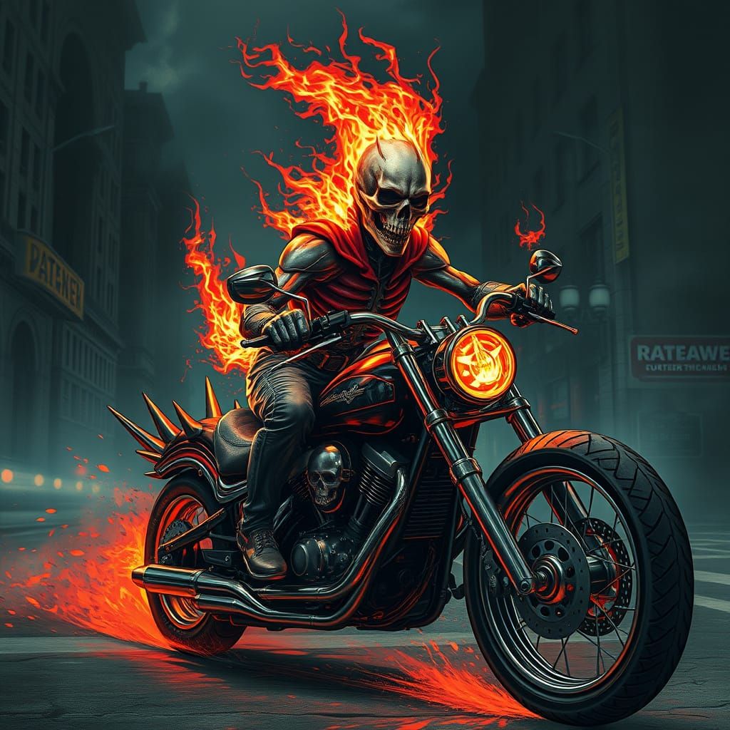 Skull Man Rides a Cyberpunk Chopper in a Fiery Nig... - AI Art