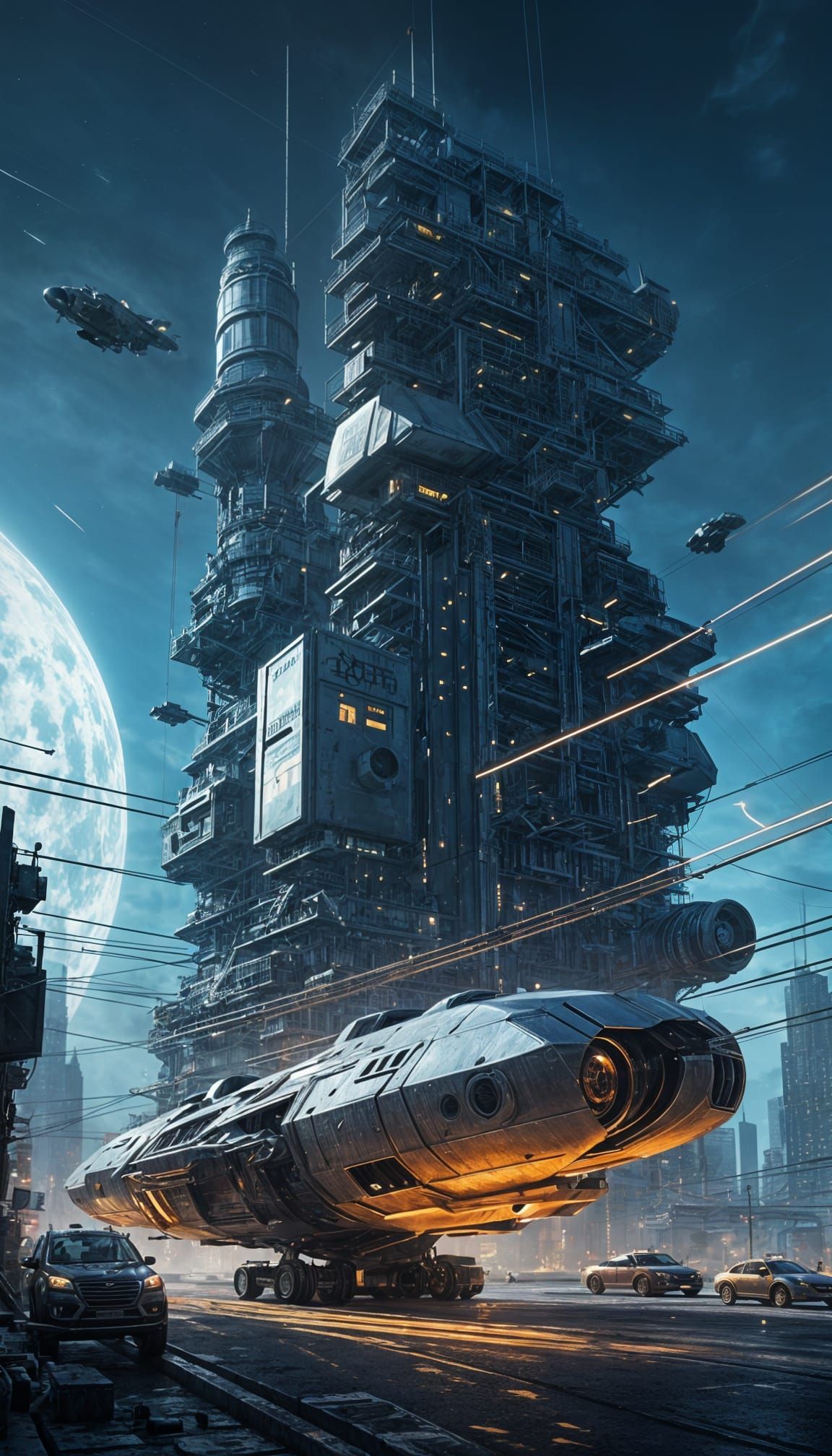 Massive starship navigating through a futuristic orbital city, towering ...