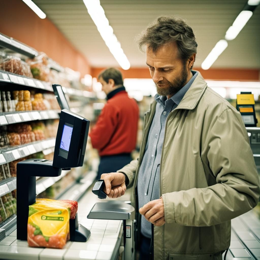 Man at self-scanner checkout - AI Generated Artwork - NightCafe Creator