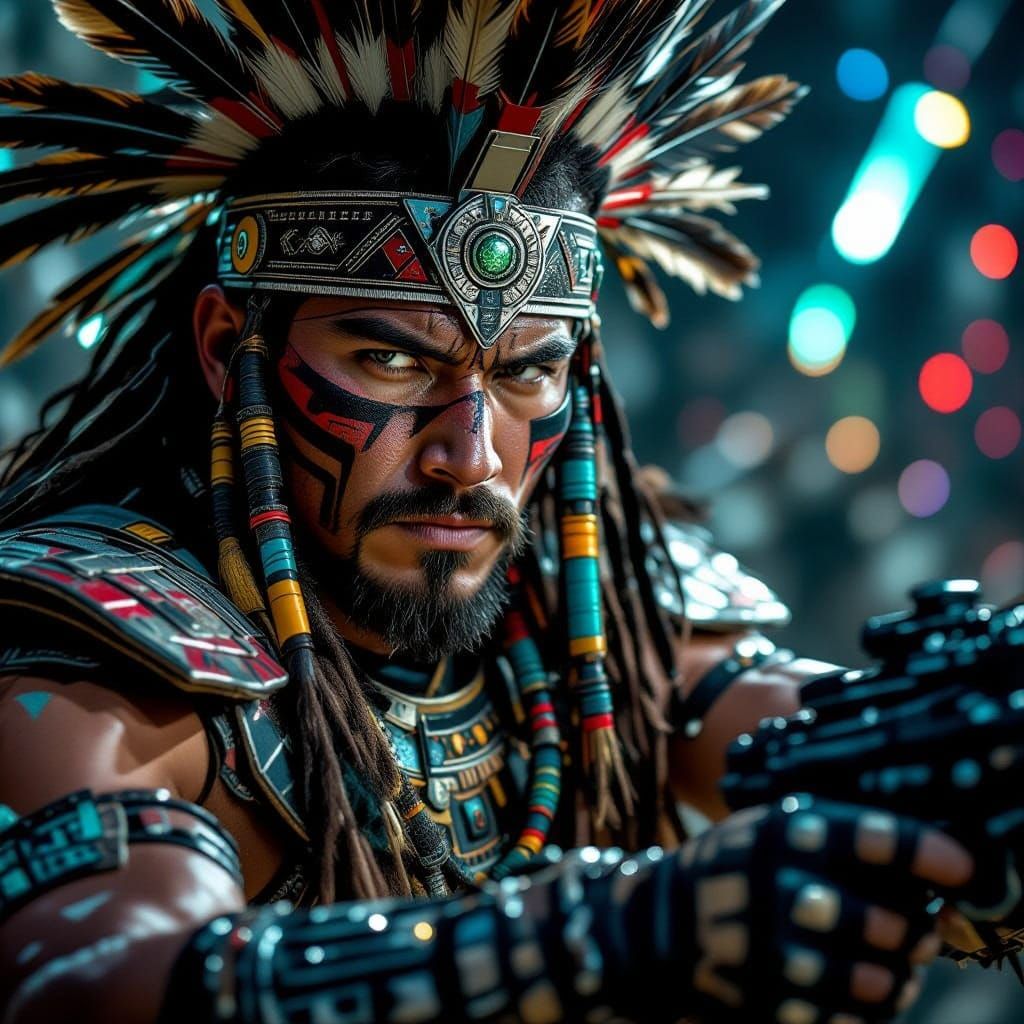 Aztec Warrior Fighting Aliens: Dramatic Portrait - AI Art