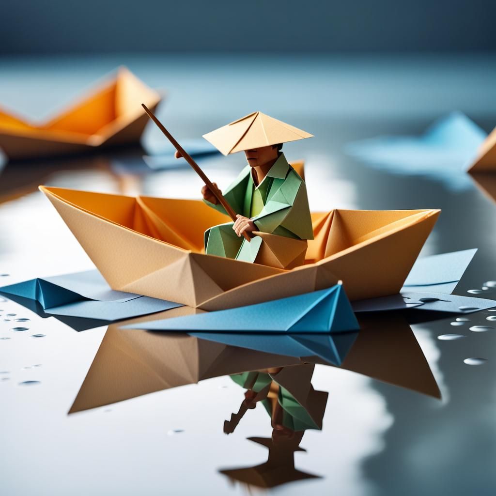 Fisherman in a boat in a puddle, Origami paper folds papercraft, made ...