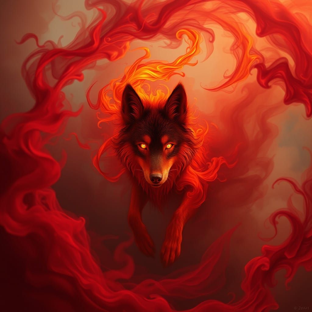 Crimson Dingo Spirit in a Swirling Vortex of Flame - AI Art