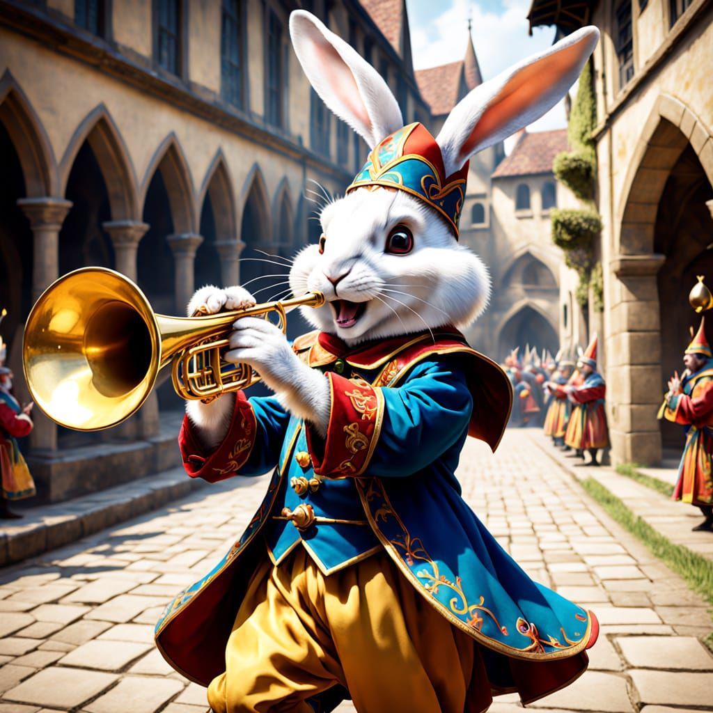 Announcing the joy - Whimsical Jester Rabbit Announces Gran...