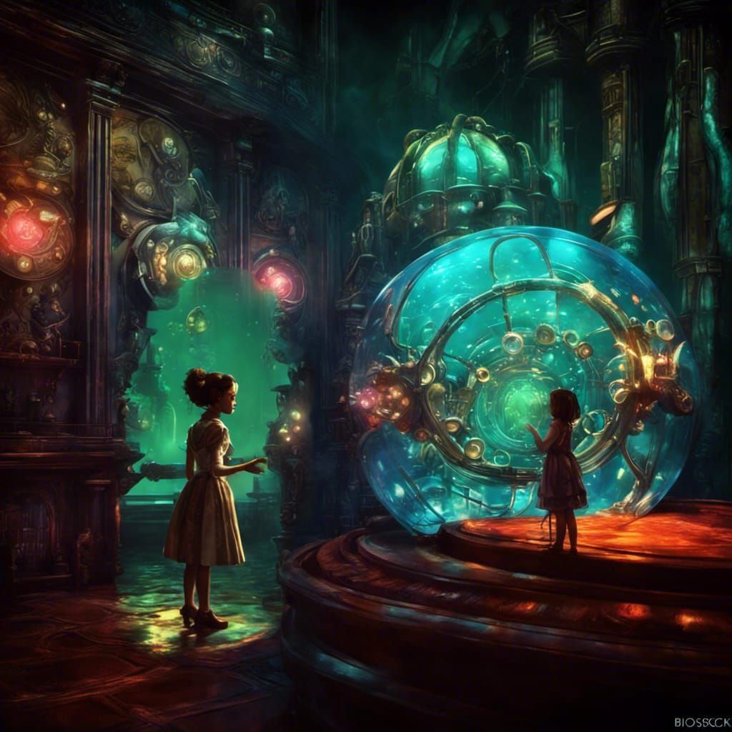 Bioshock_a splicer threatening a little_sister in A glowing underwater ...