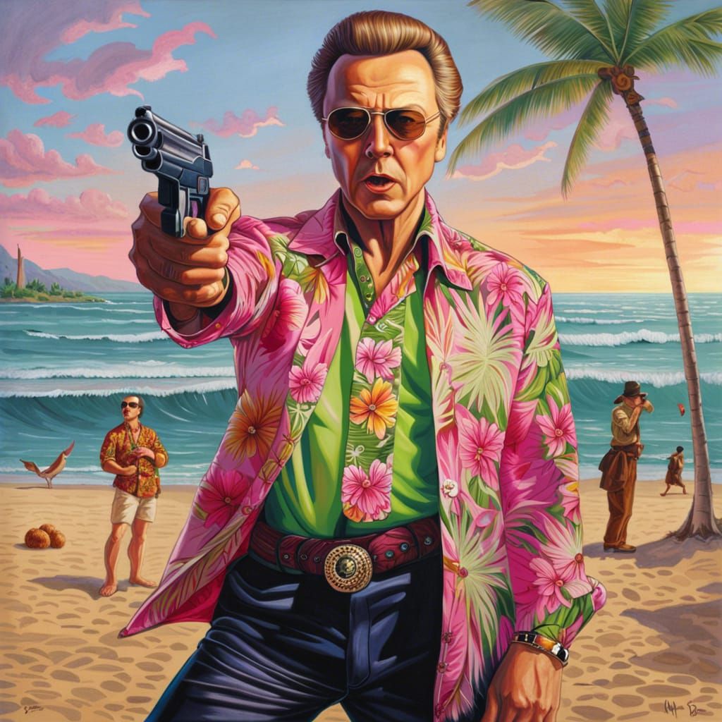 Angry_Christopher_Walken_pointing_a_gun wearing floral_Aloha_shirt ...