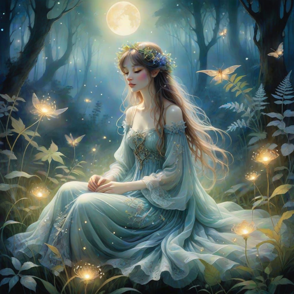 In the moonlight - Enchanted Moonlit Maiden in Whimsical Fo...