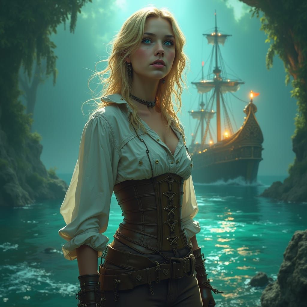Ethereal Fantasy Pirate Maiden in Dreamlike Waters... - AI Art