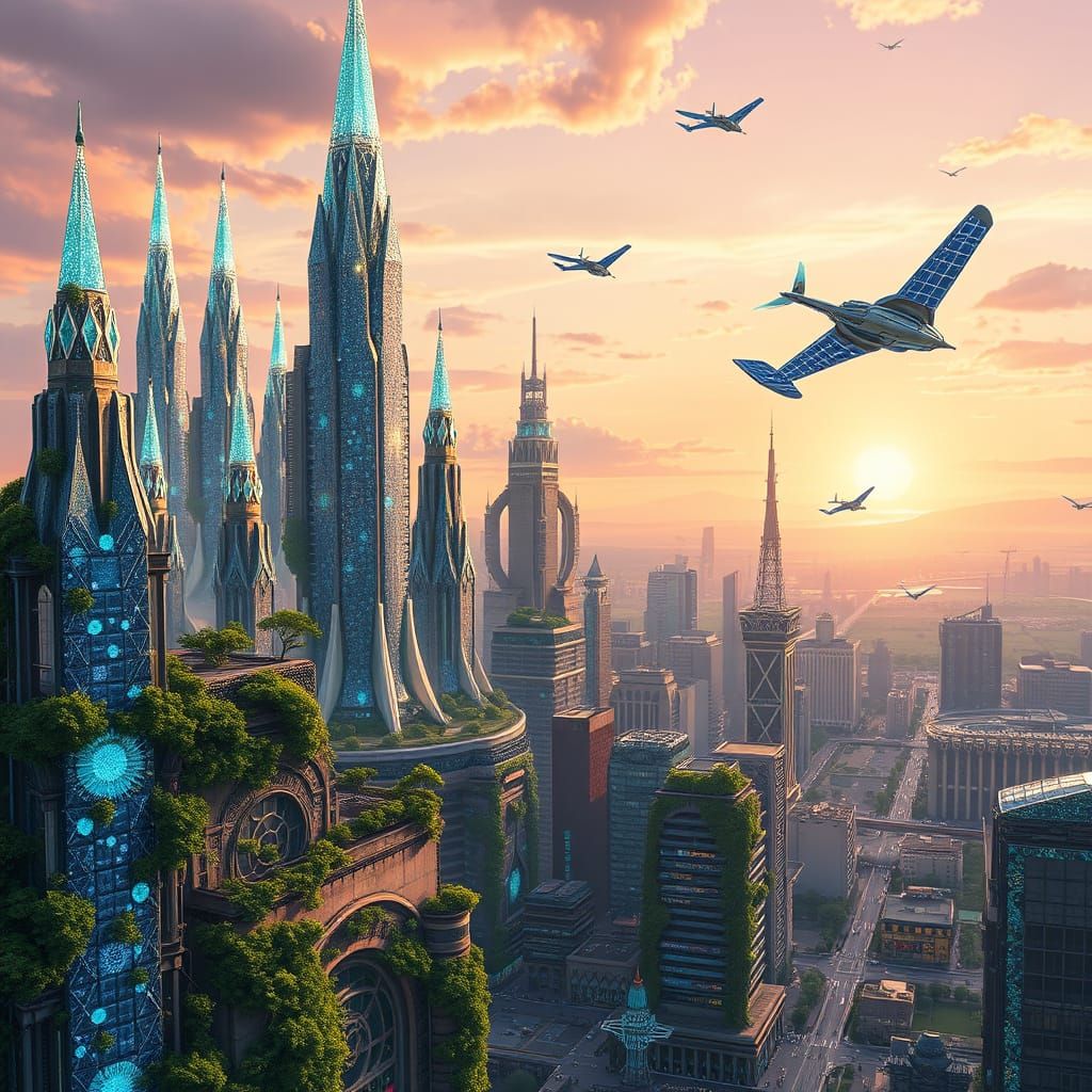 Solarpunk Metropolis at Dawn with Vibrant Crystal ... - AI Art