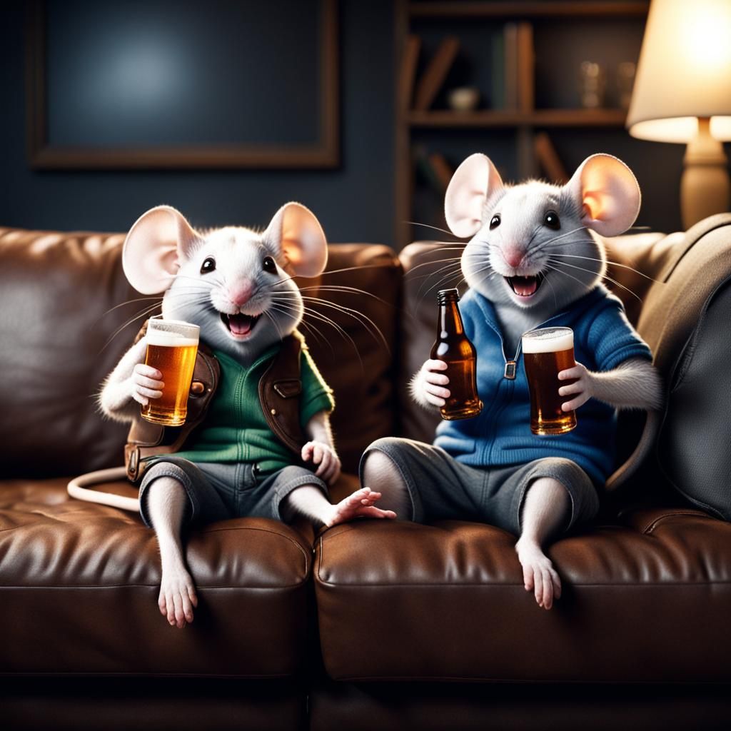 Two mice, best friends, laughing, sitting on a sofa like people, playing video games together ...