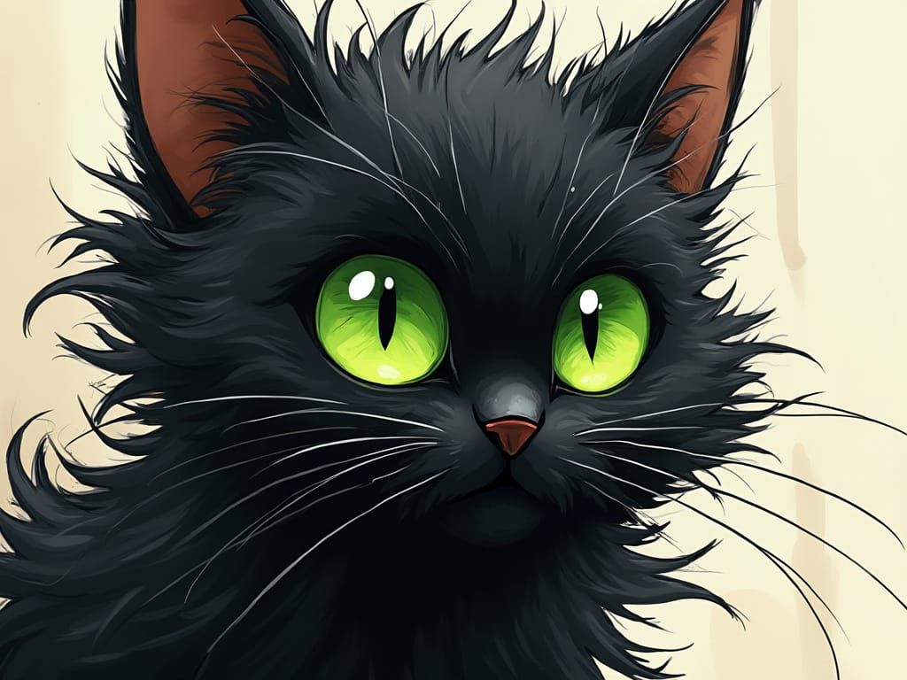 Anime-Inspired Frazzled Black Cat with Vibrant Gre... - AI Art