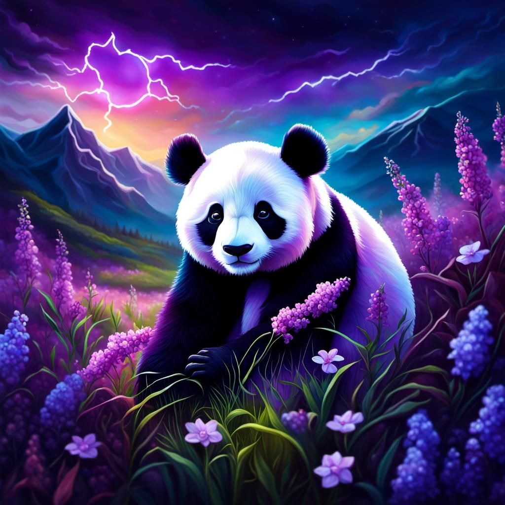 A holographic luminated elongated grazing Panda feeding on a ...
