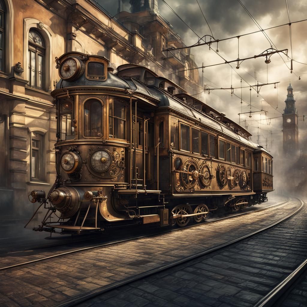 steampunk tram seen from the side, on the streets of Cracow, Dietla ...