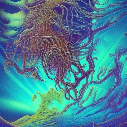 very strange otherworldy alien organism in water, complementary color ...