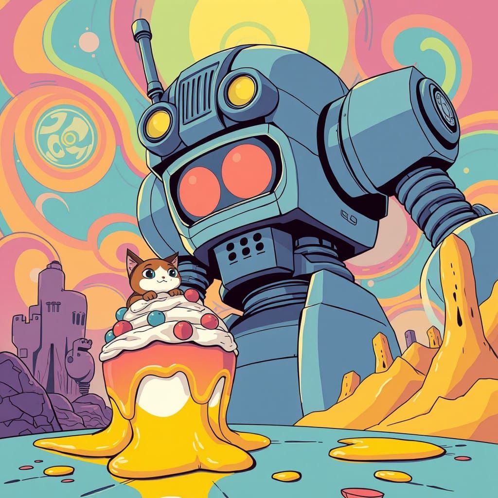 Vintage Pulp Sci-Fi Cartoon Robot with Cute Cat an... - AI Art