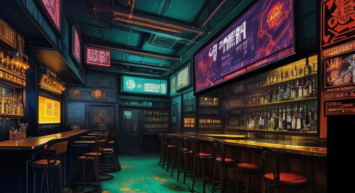 old bar cyberpunk - Cyberpunk Bar Scene in Deep Colors