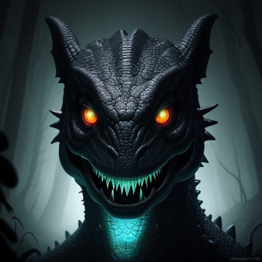 Glowing Vampire Dinosaur in Dark Fantasy Forest - AI Art