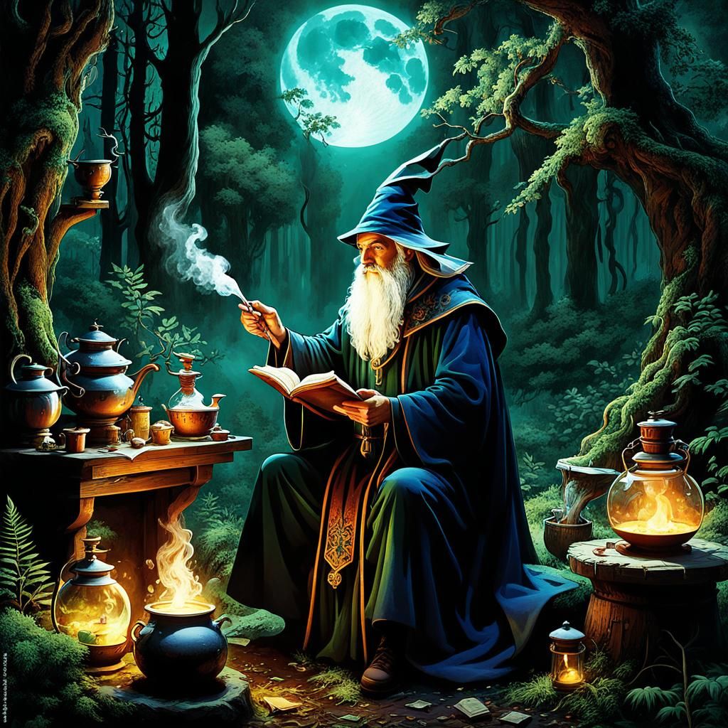 A wizard who brews potions in a hidden forest glade, summoning ...