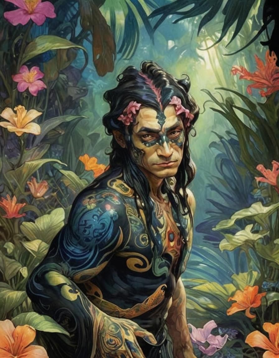 (Alphonse Mucha, colorful Digitalart nouveau painting of a fluid ...