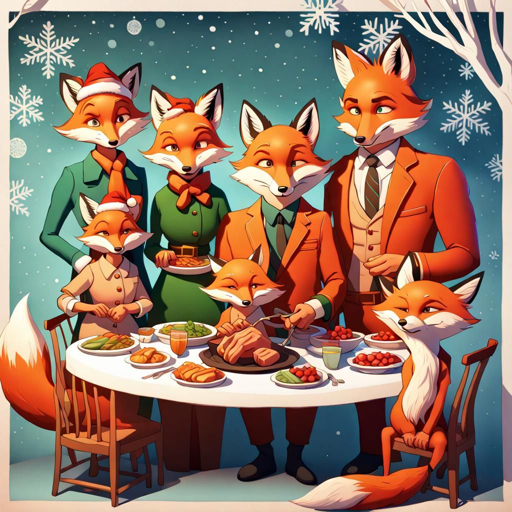 Fox dad with his Fox wife and Fox family wearing clothes and eat a ...