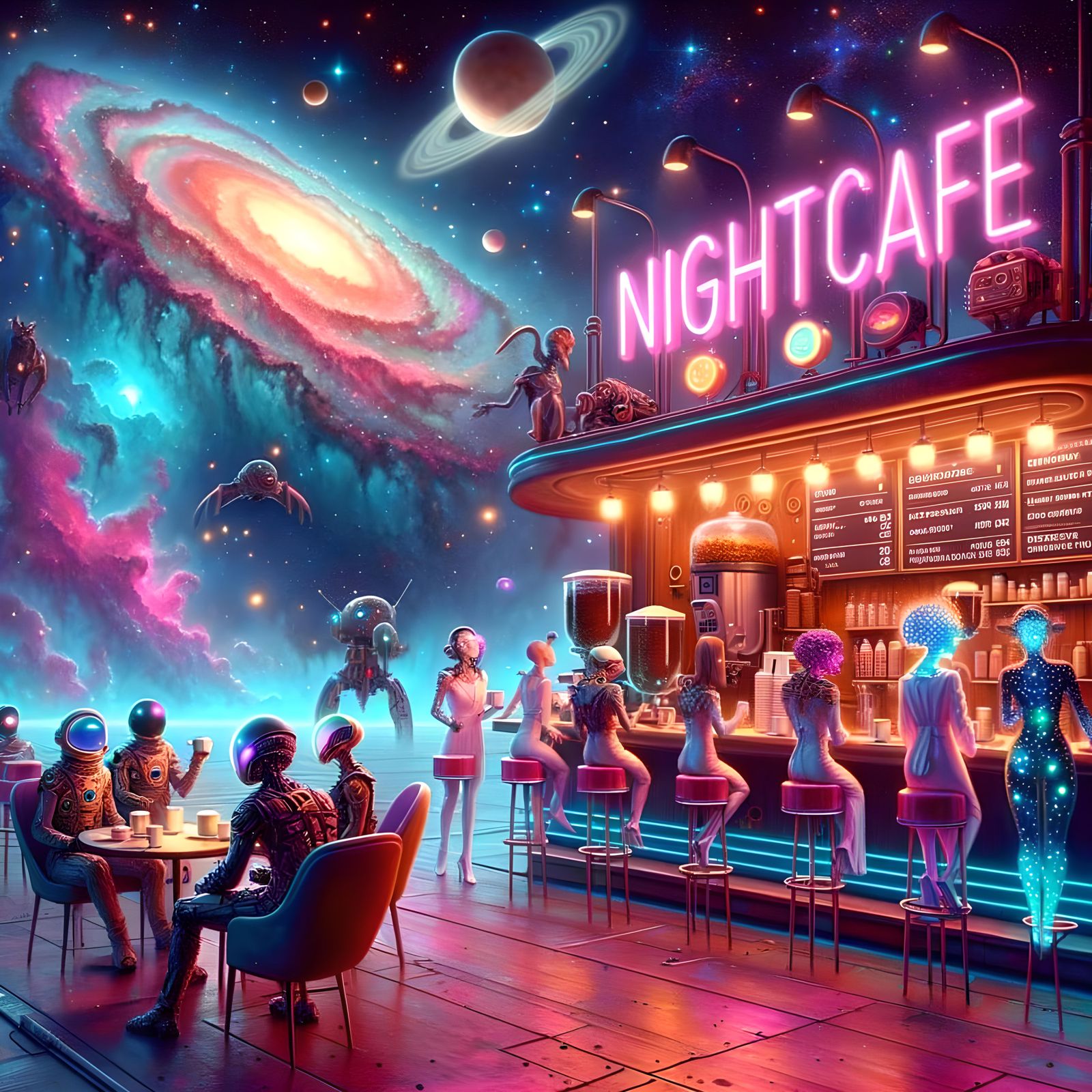 dreamy futuristic alien Coffee Shop in Space swirling nebulae as the ...
