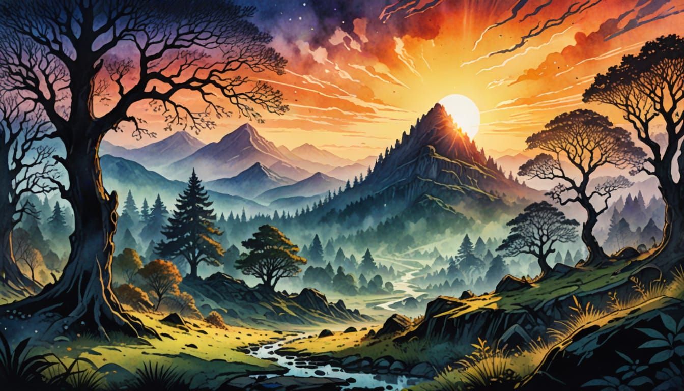 Ancient Celtic Forest Sunrise in Dreamlike Digital... - AI Art