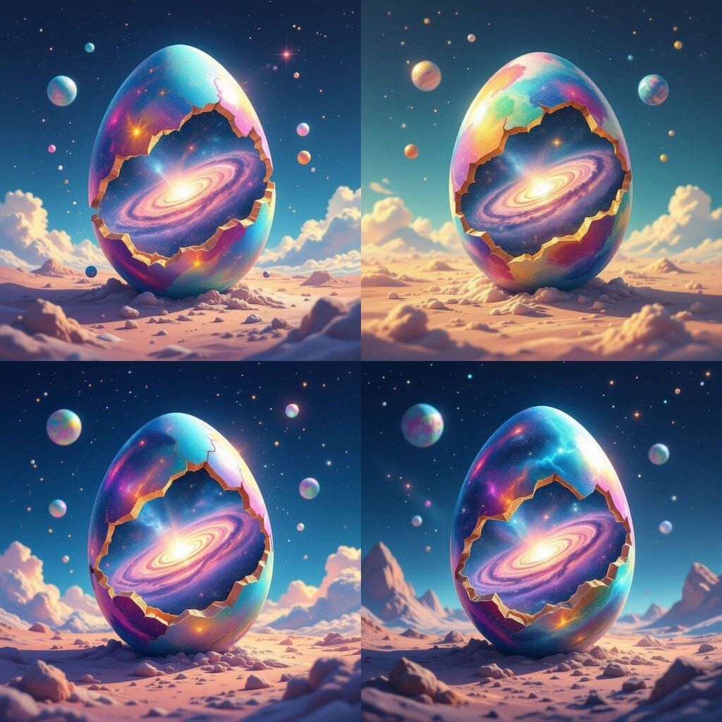 : Imagine a giant Easter egg floating in space, its surface covered in swirling nebulae and ...