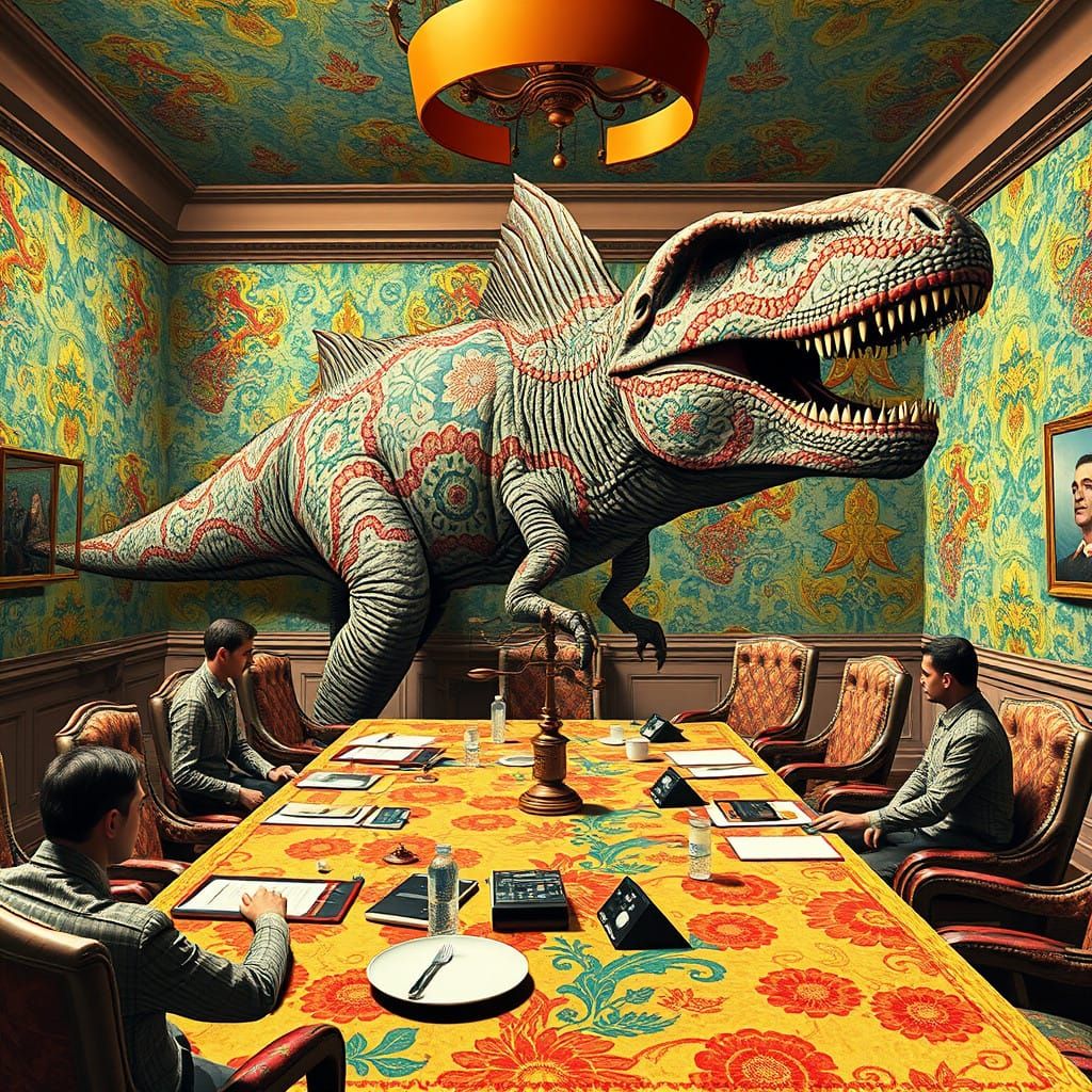 T-Rexcellent - Pop Art T-Rex in Grand Surreal Business Meeti...