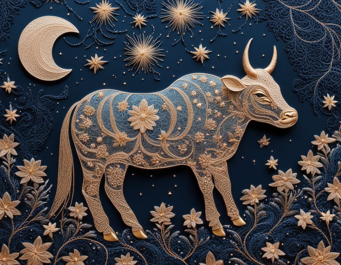 Mooncalf - Embroidery on Lasercut Wood
