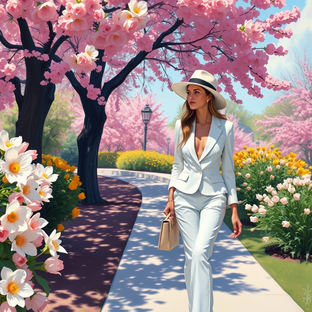 Surreal Russian Chic Woman Strolls in a Blooming P... - AI Art
