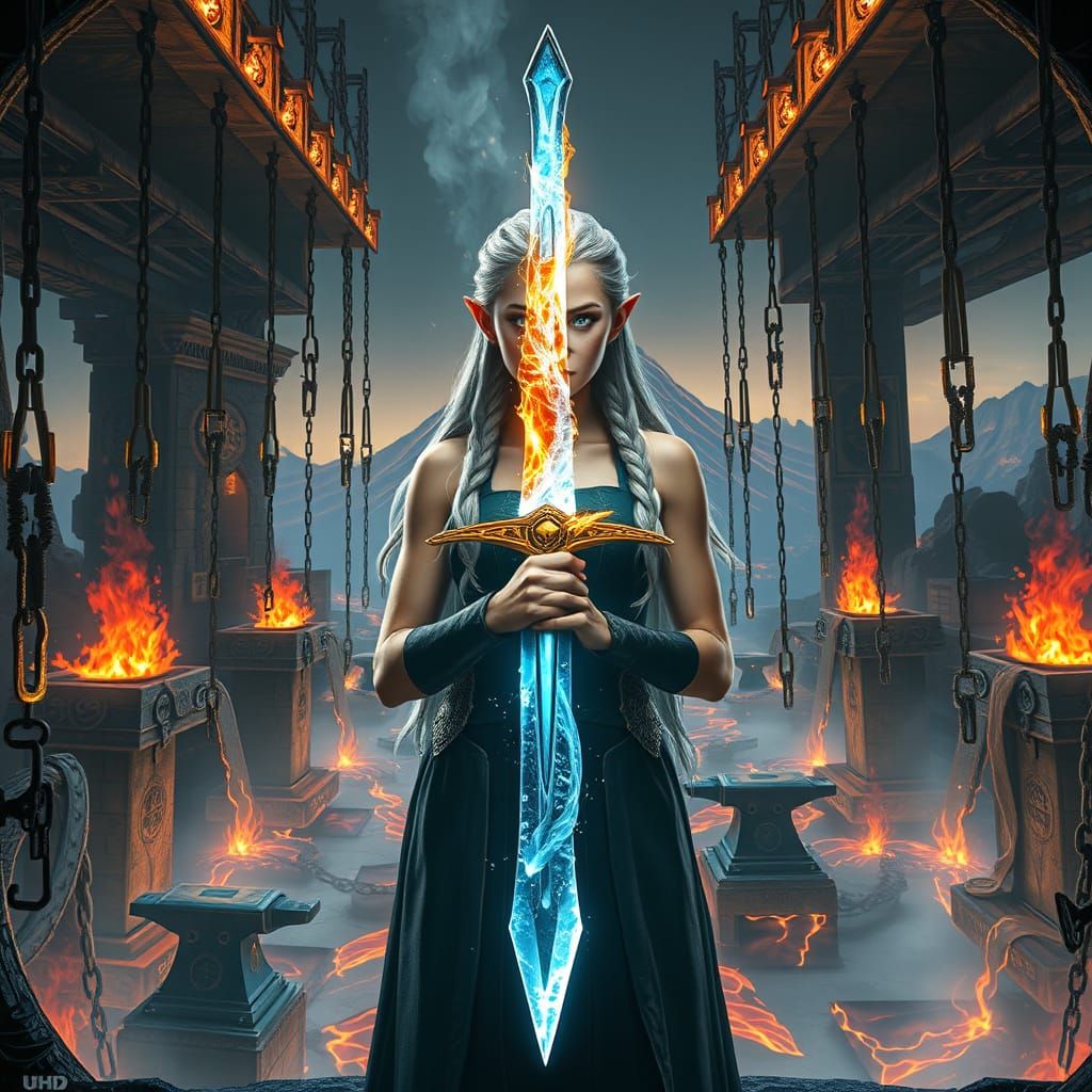 An elven blacksmith, her silver hair intricately braided, grips the ...