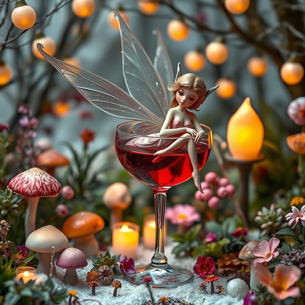 Ethereal Vampire Tinkerbell in Crystal Wine Glass - AI Art