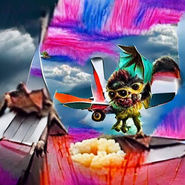 Gremlin with axe chopping off the wing of an airplane in the sky horror ...