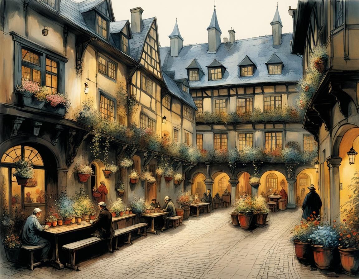 Whimsical German Courtyard Scene in Vibrant Colors - AI Art