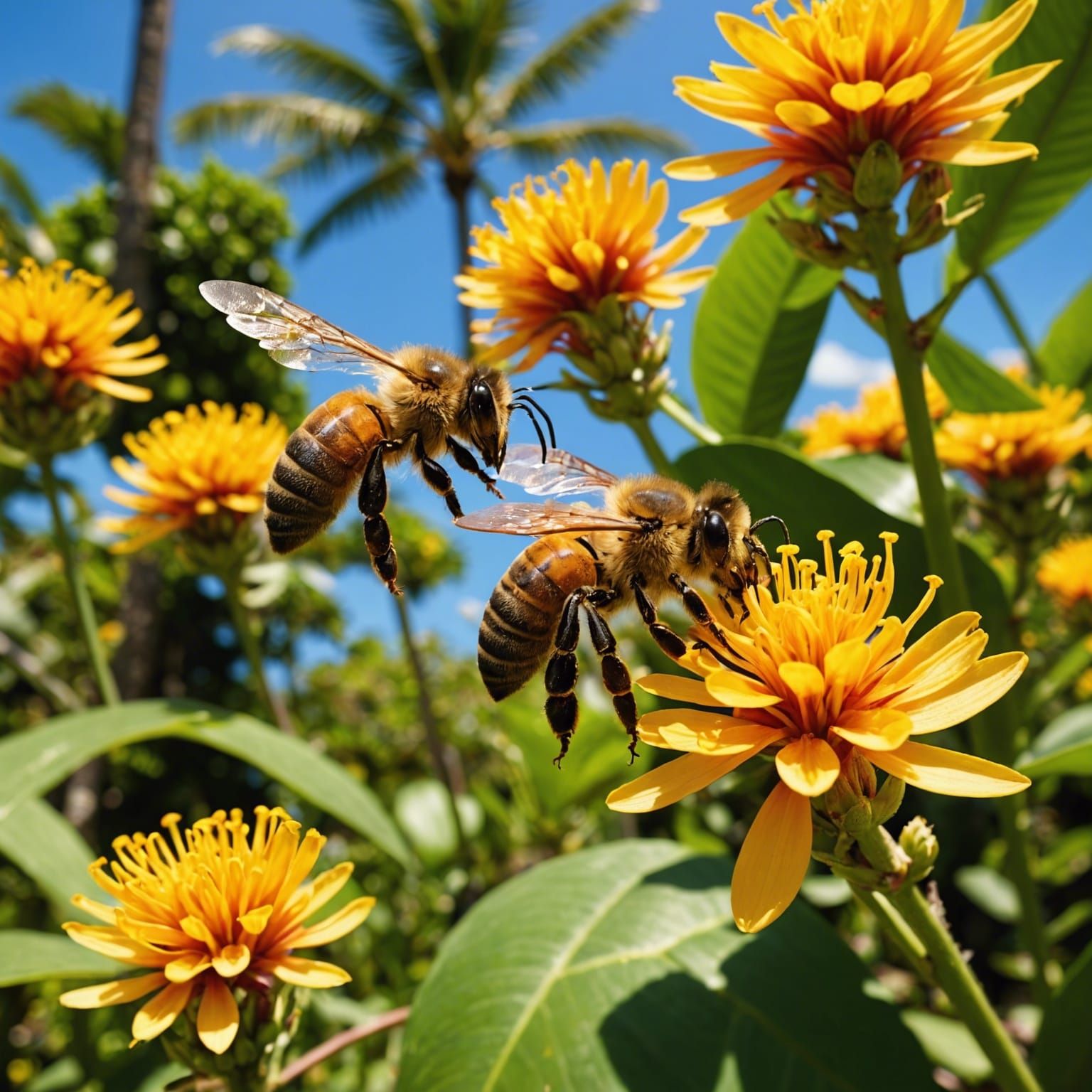 Honey bee gathering nectar from tropical flowers on sunny day on island ...